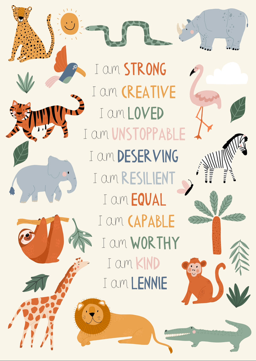Personalised Jungle Safari Animal Affirmation Art Print Unframed – Abel ...