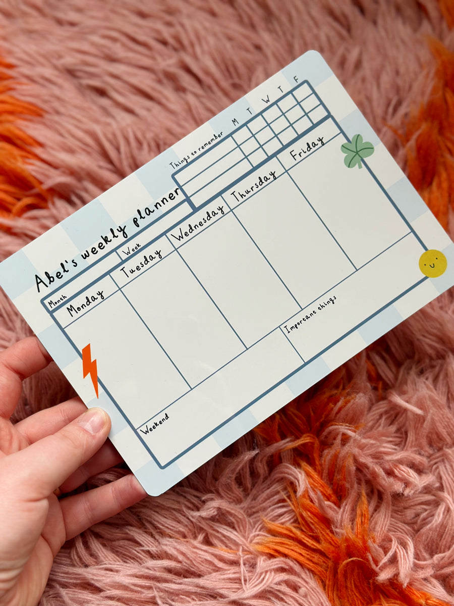 Personalised Wipeable Blue Check Board Weekly Planner Aluminium Board ...