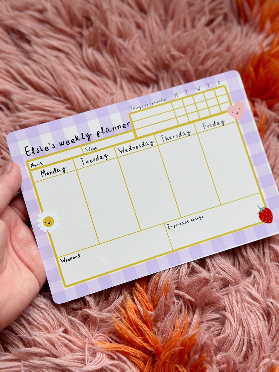 Personalised Wipeable Lilac Gingham Weekly Planner Aluminium Board A5 ...