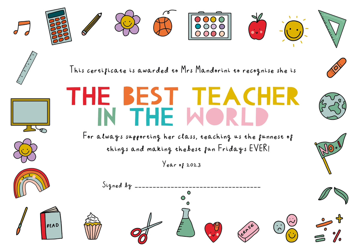 Personalised Best Teacher Ever Certificate A5 size – Abel and The Label